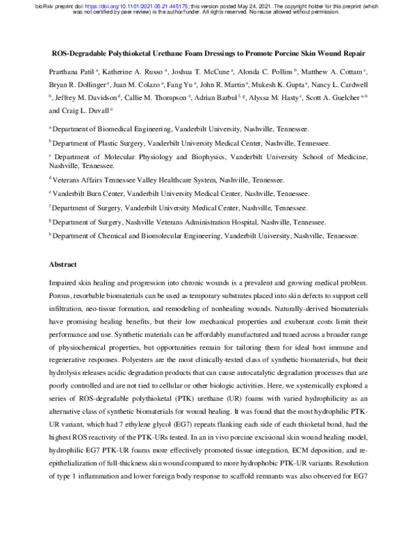(PDF) ROS-Degradable Polythioketal Urethane Foam Dressings to Promote ...