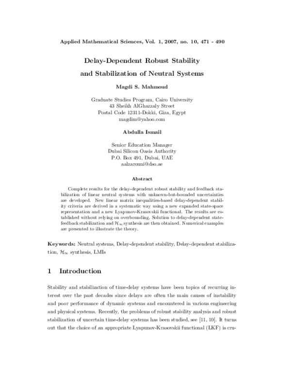 (PDF) Robust Stability of Neutral Systems with Delays