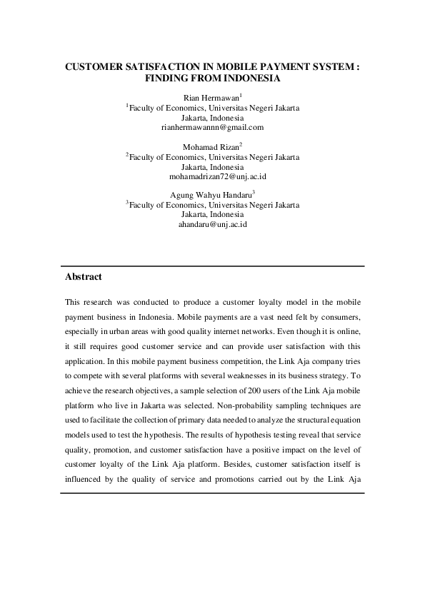 Pdf Customer Satisfaction In Mobile Payment System Finding From