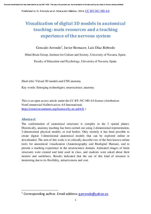 (PDF) Visualization of digital 3D models in anatomical teaching: main ...