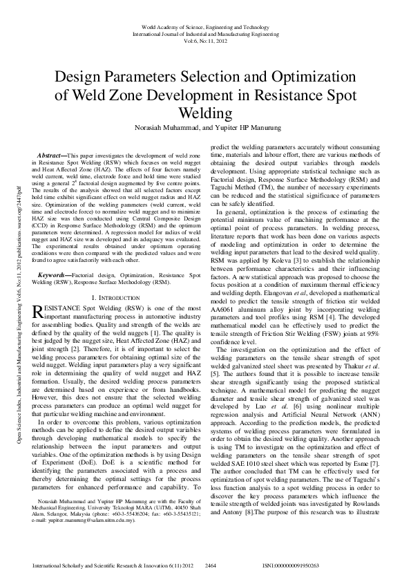 (PDF) Design Parameters Selection and Optimization of Weld Zone Development in Resistance Spot ...