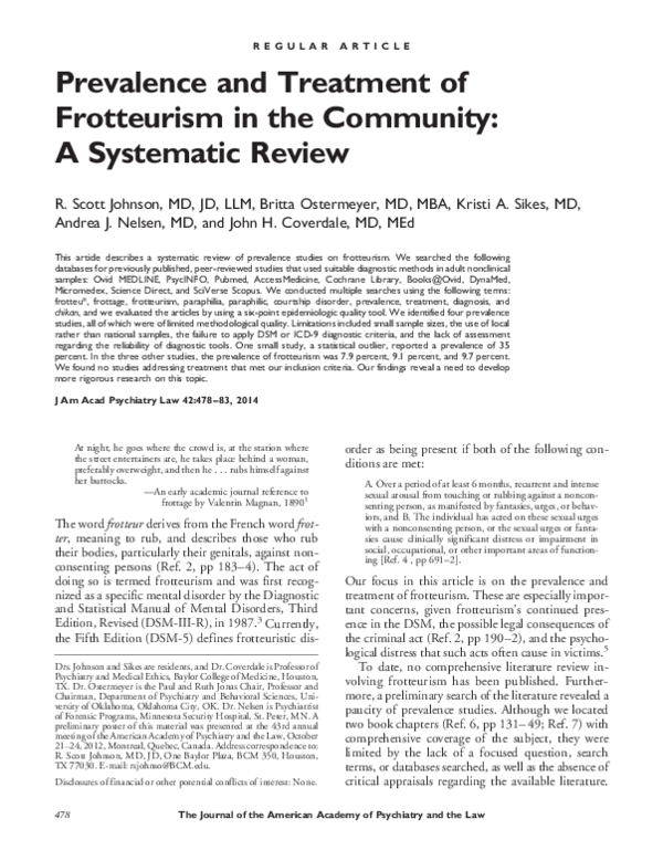(PDF) Prevalence and treatment of frotteurism in the community: a ...
