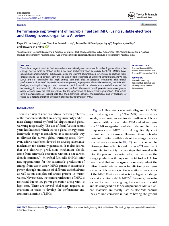 (PDF) Performance improvement of microbial fuel cell (MFC) using suitable electrode and ...