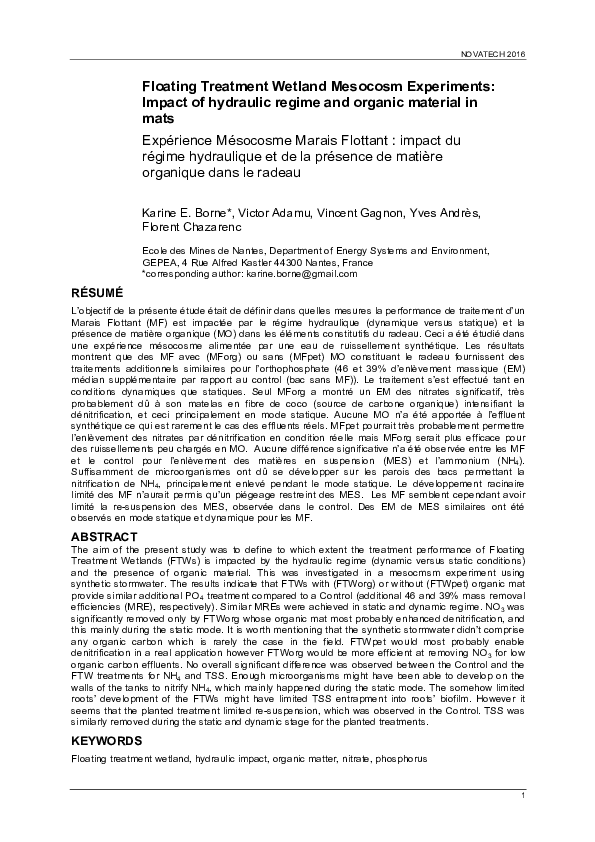 (PDF) Floating Treatment Wetland Mesocosm Experiments: Impact of ...
