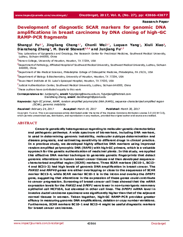 (PDF) Development of diagnostic SCAR markers for genomic DNA ...
