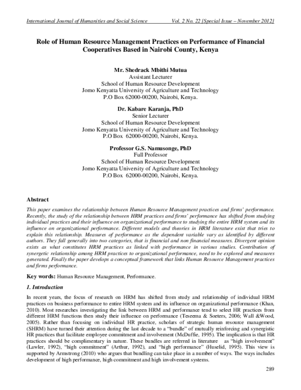 (PDF) Role of Human Resource Management Practices on Performance of Financial Cooperatives Based ...