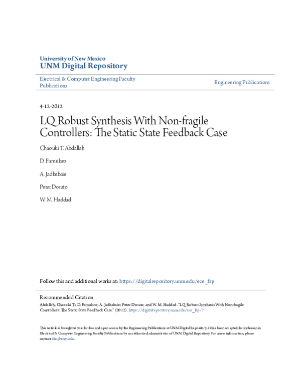 (PDF) LQ Robust Synthesis With Non-fragile Controllers: The Static State Feedback Case