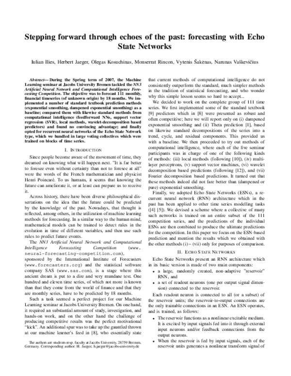 Pdf Stepping Forward Through Echoes Of The Past Forecasting With Echo State Networks