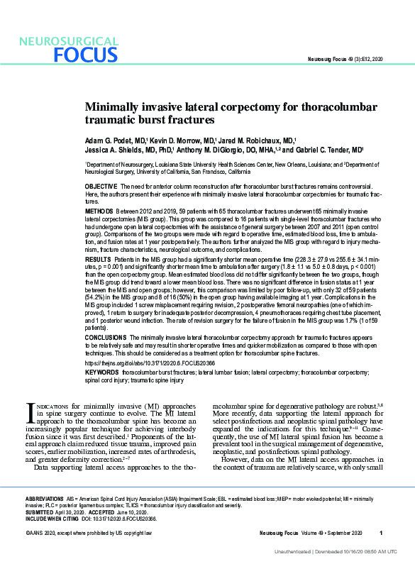 (PDF) Minimally invasive lateral corpectomy for thoracolumbar traumatic ...
