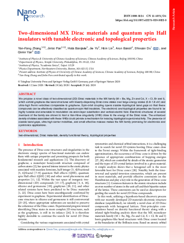(PDF) Two-dimensional MX Dirac materials and quantum spin Hall insulators with tunable ...