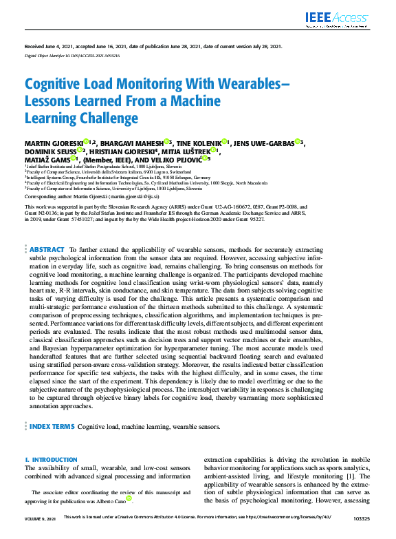 (PDF) Cognitive Load Monitoring With Wearables–Lessons Learned From a Machine Learning Challenge