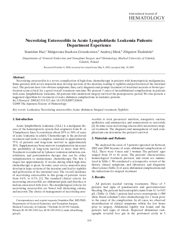 (PDF) Necrotizing Enterocolitis in Acute Lymphoblastic Leukemia ...