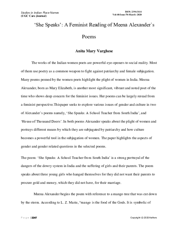 (PDF) She Speaks’: A Feminist Reading of Meena Alexander`s Poems