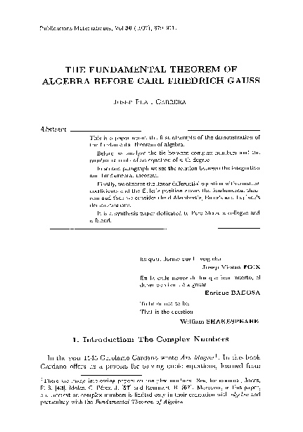 (PDF) The fundamental theorem of algebra before Carl Friedrich Gauss
