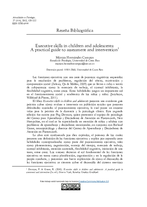 (PDF) Executive skills in children and adolescents: A practical guide to assessment and intervention