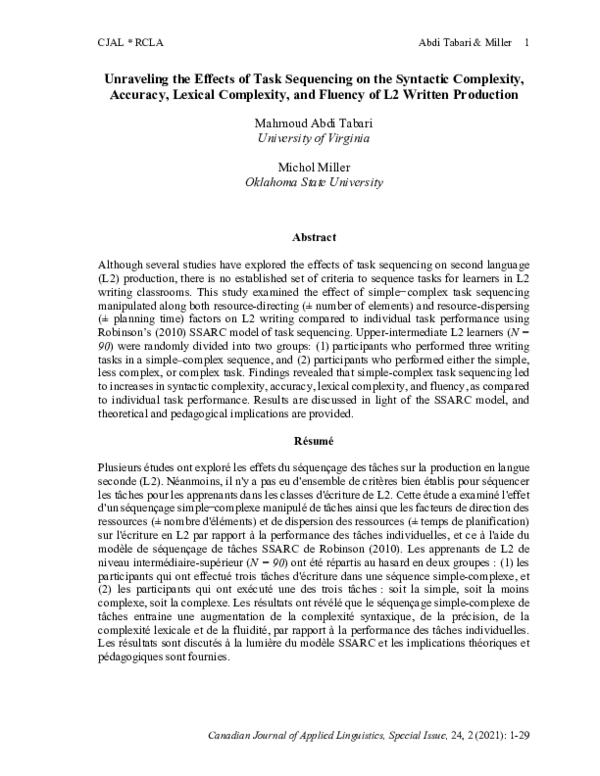 (PDF) Unraveling the Effects of Task Sequencing on the Syntactic Complexity, Accuracy, Lexical ...