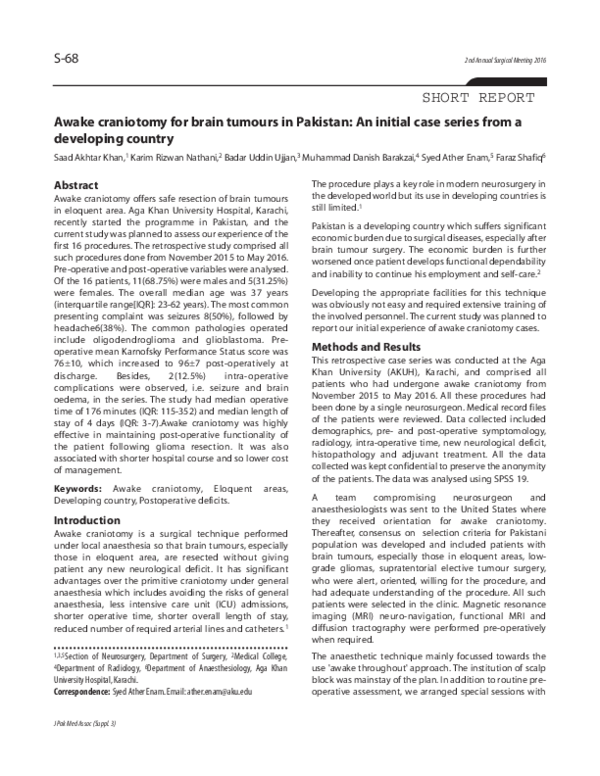 (PDF) Awake craniotomy for brain tumours in Pakistan: An initial case series from a developing ...