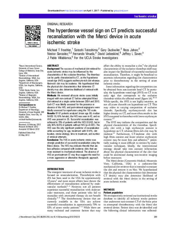 (PDF) The hyperdense vessel sign on CT predicts successful ...