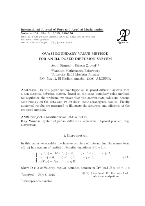 (PDF) Quasi-Boundary Value Method for an Ill Posed Diffusion System (PDF) Quasi-Boundary Value Method for an Ill Posed Diffusion System