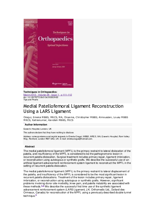 (PDF) MPFL Reconstruction with LARS Ligament