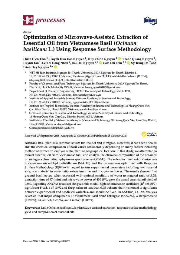 (PDF) Optimization of Microwave-Assisted Extraction of Essential Oil from Vietnamese Basil ...