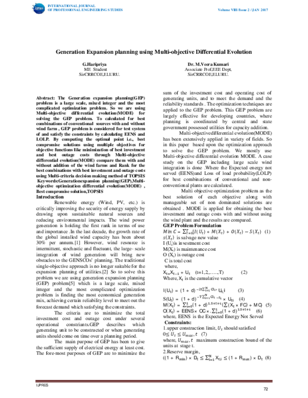 (PDF) Generation Expansion Planning Using Multi-Objective Differential Evolution