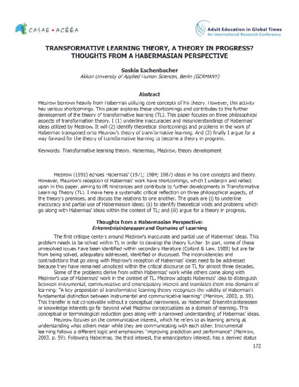 (PDF) Transformative Learning Theory - A Theory in Progress? Thoughts from a Habermasian Perspective
