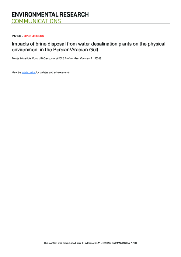 (PDF) Impacts of brine disposal from water desalination plants on the ...