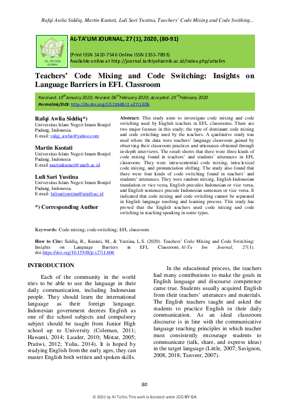 (PDF) Teachers’ Code Mixing and Code Switching: Insights on Language Barriers in EFL Classroom