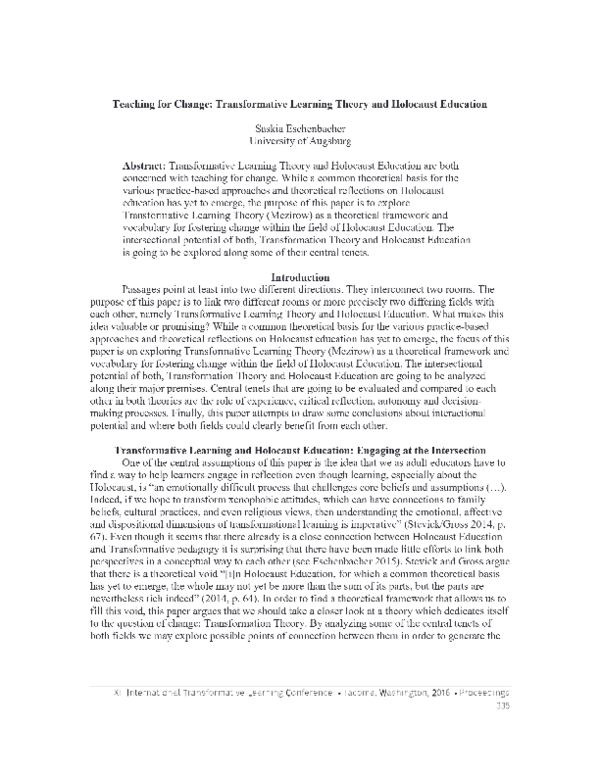 (PDF) Teaching for Change: Transformative Learning Theory and Holocaust Education
