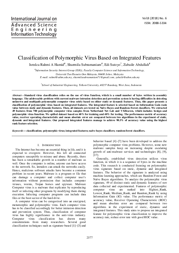 (PDF) Classification of Polymorphic Virus Based on Integrated Features