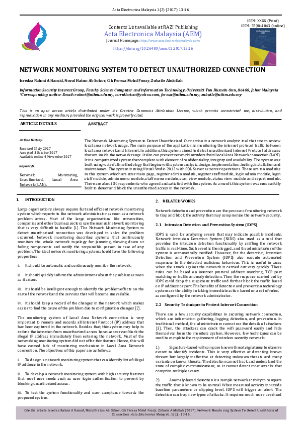 Pdf Network Monitoring System To Detect Unauthorized Connection