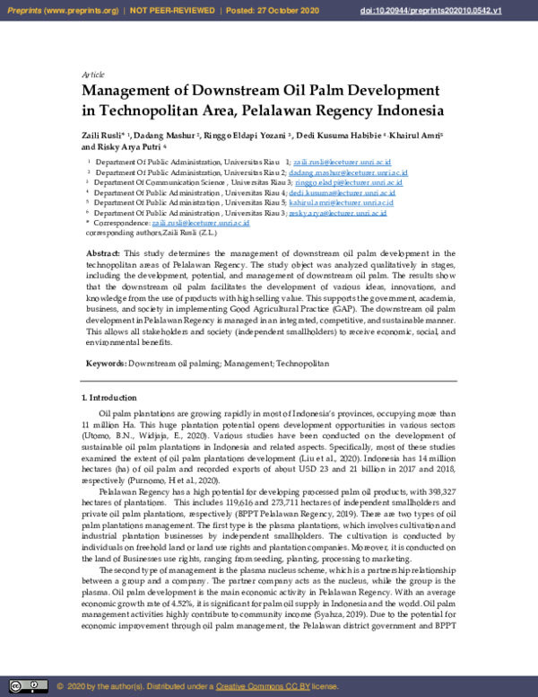 (PDF) Management of Downstream Oil Palm Development in Technopolitan ...