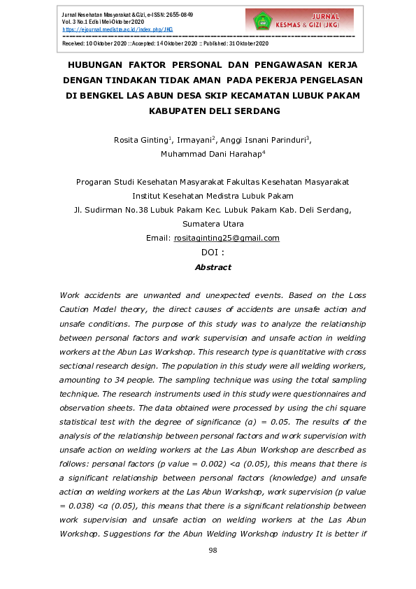 (PDF) Hubungan Faktor Personal Dan Pengawasan Kerja Dengan Tindakan Tidak Aman Pada Pekerja ...