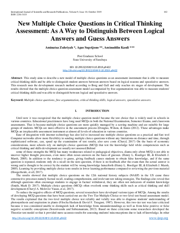 (PDF) New Multiple Choice Questions in Critical Thinking Assessment: As ...