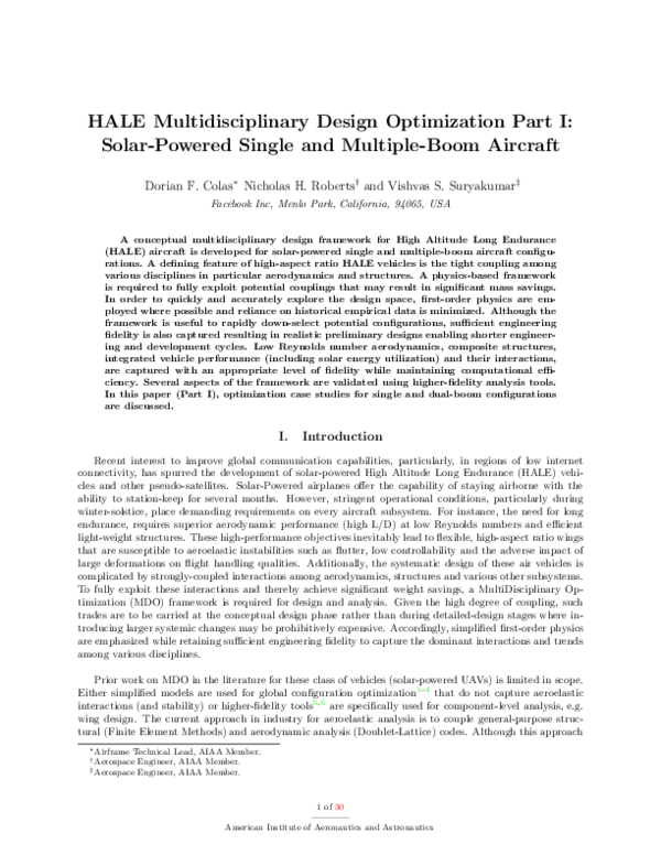 Pdf Hale Multidisciplinary Design Optimization Part I Solar Powered Single And Multiple Boom