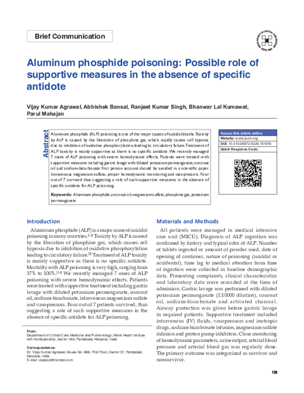 (PDF) Aluminum phosphide poisoning: Possible role of supportive ...