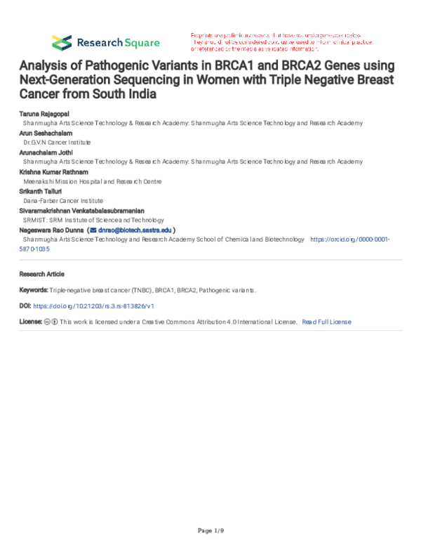 Pdf Analysis Of Pathogenic Variants In Brca1 And Brca2 Genes Using Next Generation Sequencing