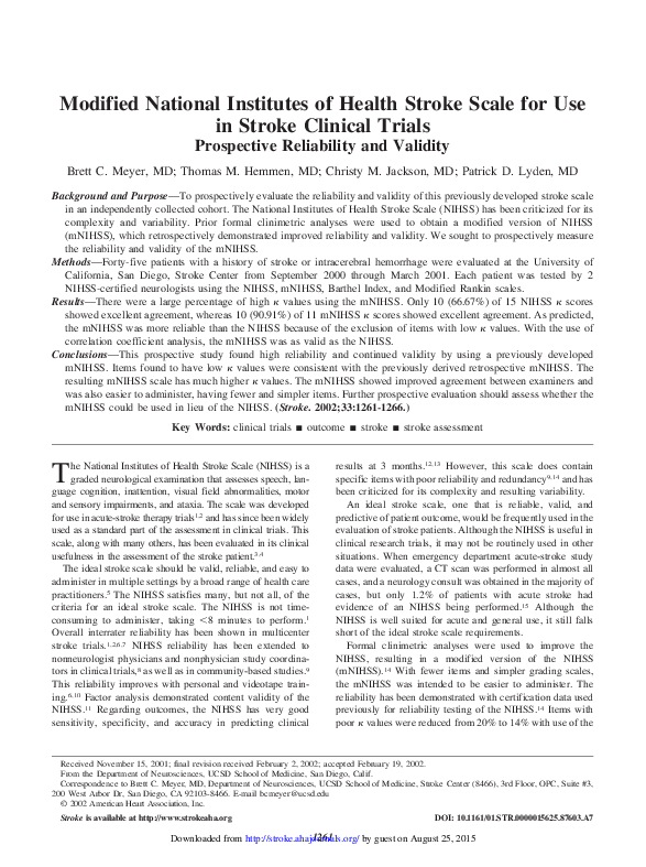 (PDF) A Modified National Institutes of Health Stroke Scale for Use in ...