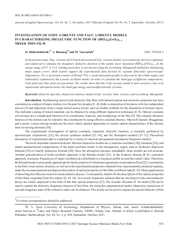 (PDF) Investigation of Cody–Lorentz and Tauc–Lorentz Models in ...