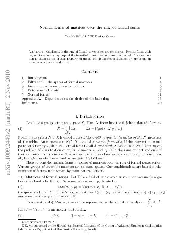 (PDF) Normal forms of matrices over the ring of formal series