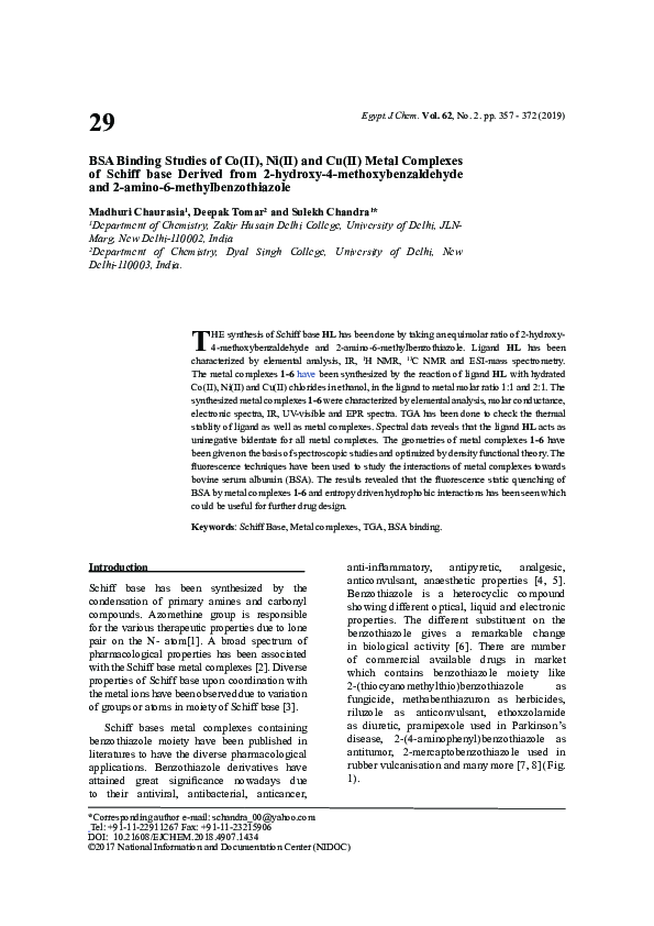 (PDF) BSA binding studies of Co(II), Ni(II) and Cu(II) metal complexes of Schiff base derived ...