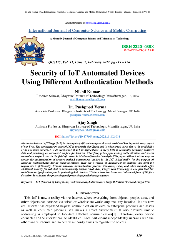 (PDF) Security of IoT Automated Devices Using Different Authentication Methods