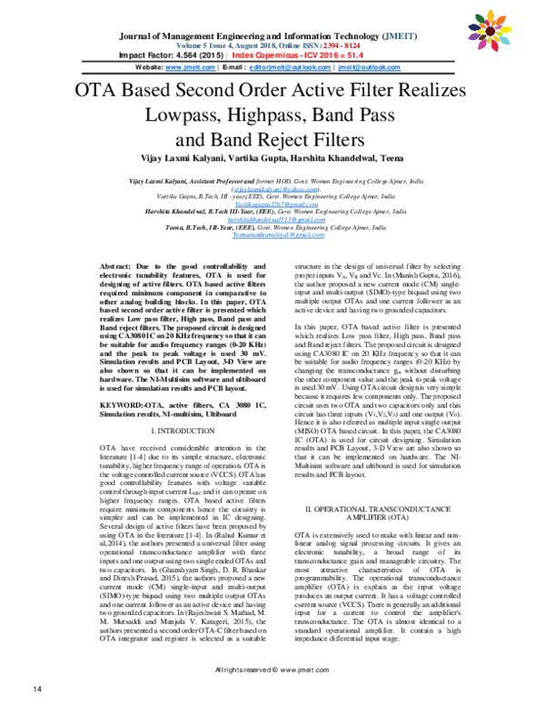 (PDF) Ota Based Second Order Active Filter Realizes Lowpass, Highpass ...