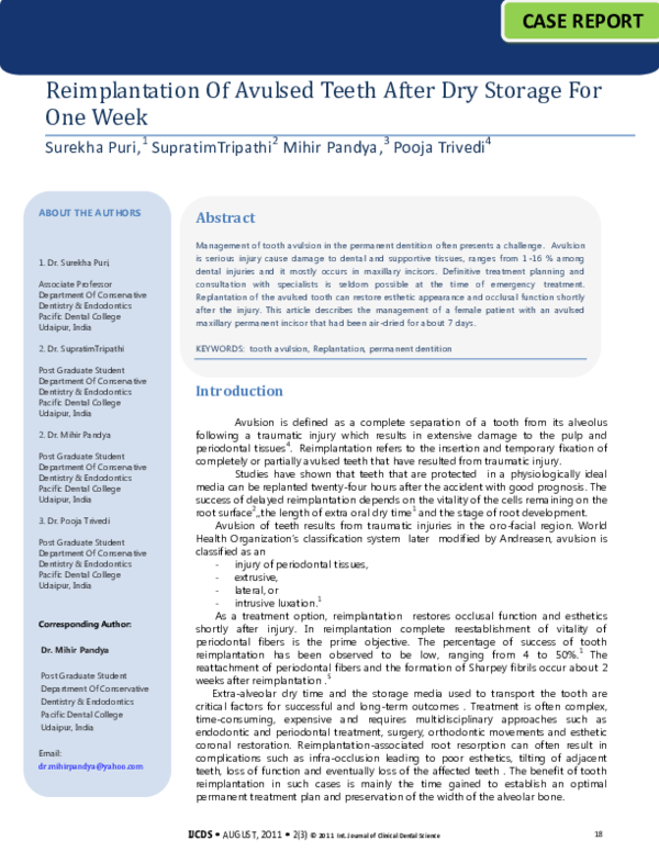 (PDF) Reimplantation of Avulsed Teeth after Dry Storage for One Week