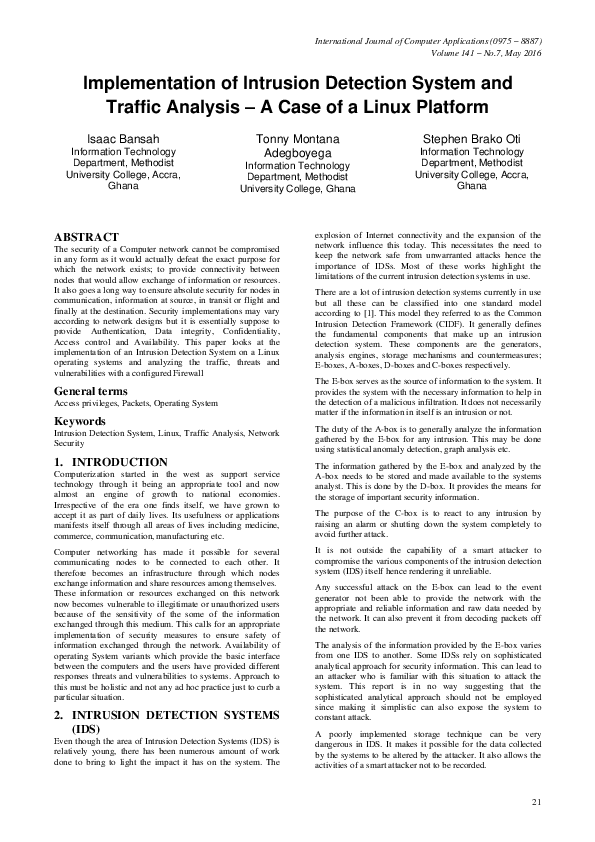 (PDF) Implementation of Intrusion Detection System and Traffic Analysis ...