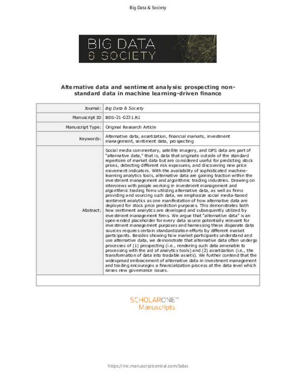 (PDF) Alternative data and sentiment analysis: Prospecting non-standard data in machine learning ...