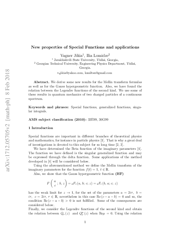 (PDF) New properties of Special Functions and applications
