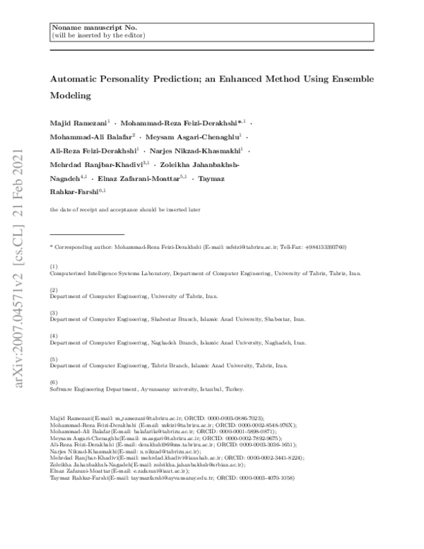 (PDF) Automatic Personality Prediction; an Enhanced Method Using Ensemble Modeling
