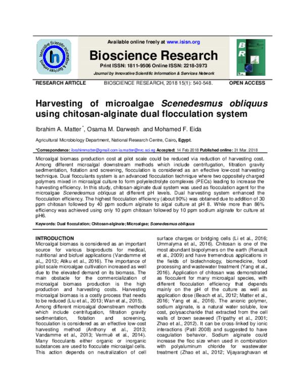 (PDF) Harvesting of microalgae Scenedesmus obliquus using chitosan-alginate dual flocculation system